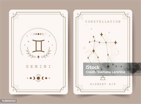 쌍둥이자리 점성술 조디악 기호와 별자리가 있는 요술 카드 타로 독자와 점성가에게 적합합니다 오컬트 마법 배경 별자리 템플릿입니다 보호 스타일의 벡터 그림 별자리에 대한 스톡