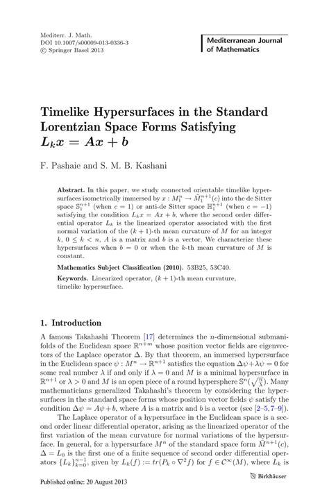Pdf Timelike Hypersurfaces In The Standard Lorentzian Space Forms Satisfying Lkx Ax B