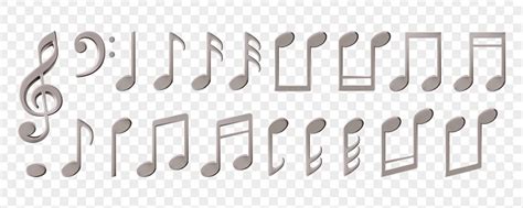 음악 음표 벡터 아이콘 세트입니다 노래를 부르거나 악기를 연주하기 위한 은색 멜로디 그림 콘서트 청취 기호입니다 고전적인 학교