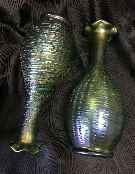 Pair Bohemian Art Nouveau Green Glass Vases Loetz Creta Chine Collectors Weekly