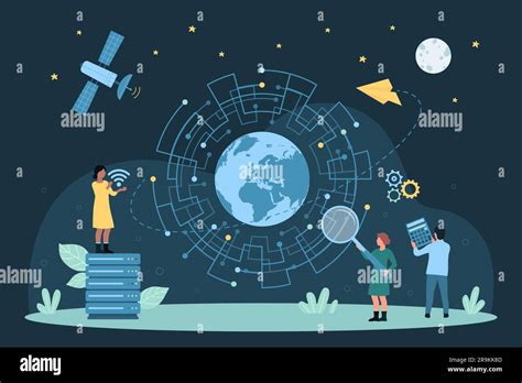 Cartoon Tiny People Test Speed Of Signal With Magnifying Glass Holding