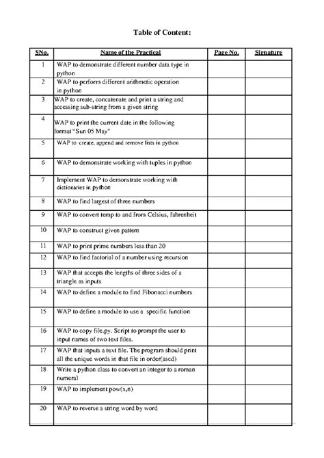 Toc Python Toc Notes Table Of Content SNo Name Of The Practical Page No Signature WAP