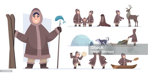 민족 에스키모 사람들 정통 알래스카 사람 남성과 여성 야생 사냥꾼 만화 스타일의 정확한 벡터 모험 개념 캐릭터 이뉴잇족에 대한 스톡 벡터 아트 및 기타 이미지 Istock