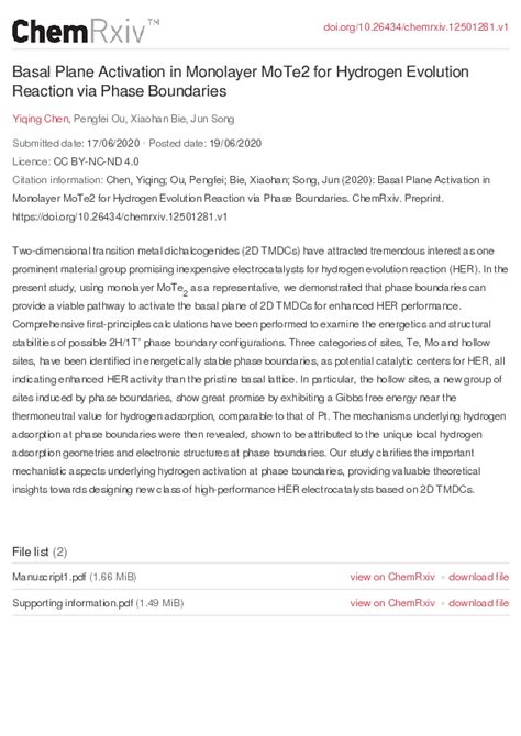 Pdf Basal Plane Activation In Monolayer Mote2 For Hydrogen Evolution Reaction Via Phase Boundaries