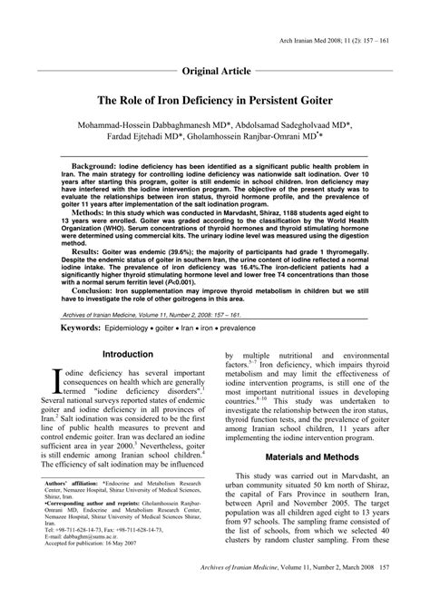 Pdf The Role Of Iron Deficiency In Persistent Goiter