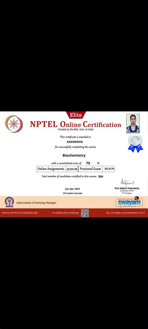 Completed 12 Weeks Swayam Nptel Online Course On Biochemistry By Iit Kharagpur And Secured