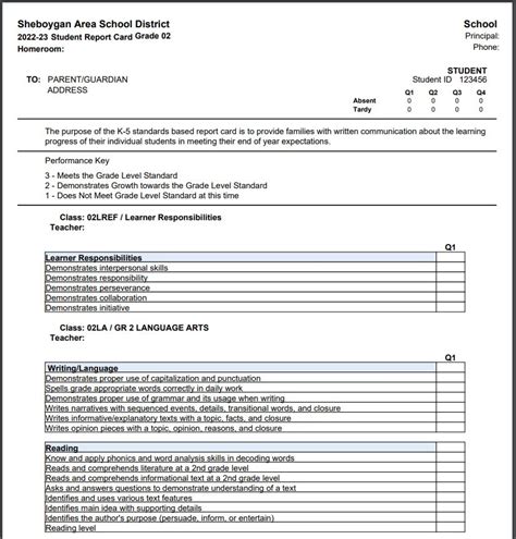 2nd Grade Report Card Sample