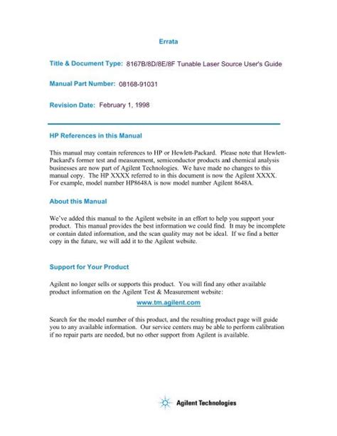 Manual Part Number Agilent Technologies
