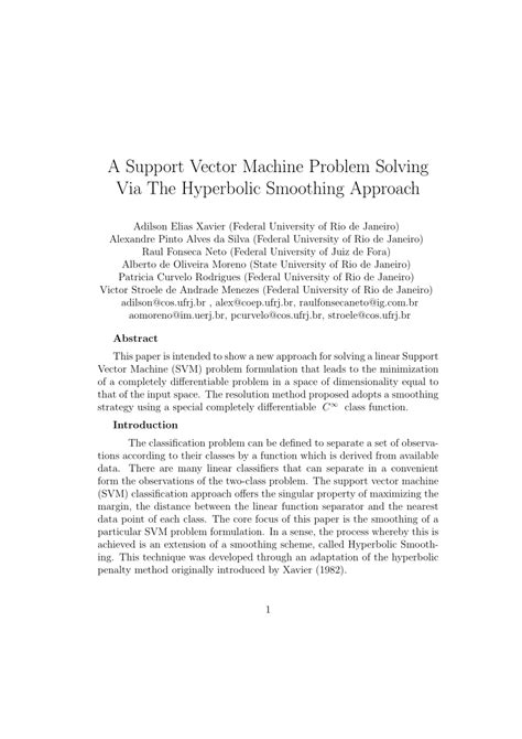 Pdf A Support Vector Machine Problem Solving Via The Hyperbolic Smoothing Approach