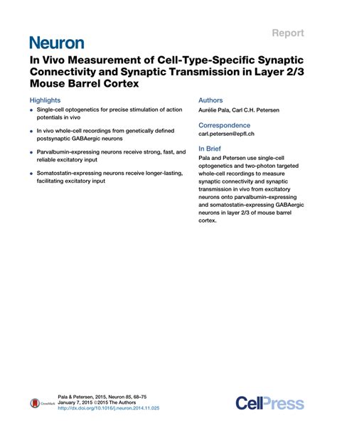 Pdf In Vivo Measurement Of Cell Type Specific Synaptic Connectivity And Synaptic Transmission