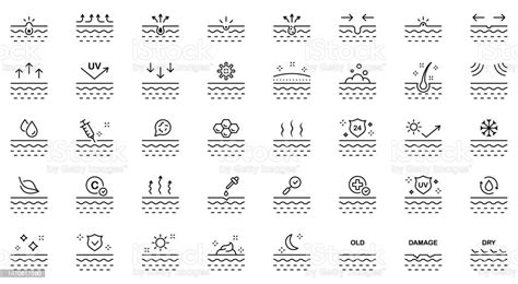 스킨케어 뷰티 라인 아이콘 세트입니다 피부과 의료 스킨 케어 선형 픽토그램 페이셜 클린 수분 Uv 자외선 차단제 보호 윤곽선 아이콘 편집 가능한 획 고립된 벡터 그림