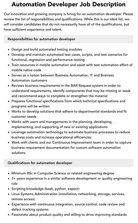 Automation Developer Job Description Velvet Jobs
