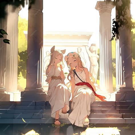 Premium Ai Image 2 Cute Greek Girls Giggling Under Greek Temple