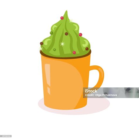 노란색 머그잔은 코코아가 든 머그잔 또는 휘핑 그린 크림과 컬러 방울이 들어간 커피입니다 귀엽고 아늑한 벡터 일러스트레이션 휴일