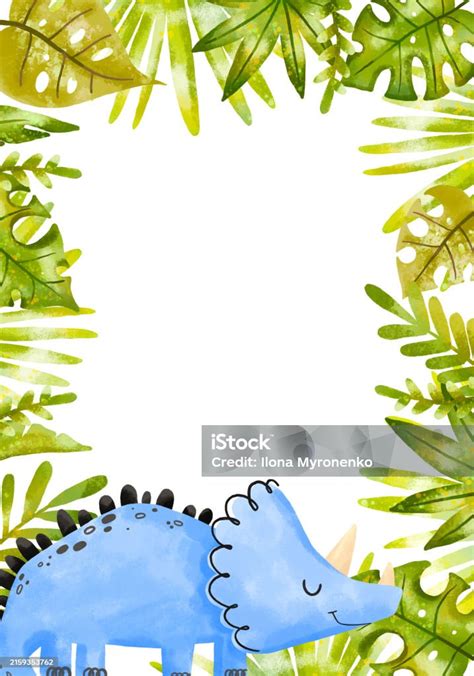 열 대 야자수 잎 몬스테라 잎과 인사말 카드 파란색 공룡 트리케라톱스가 있는 수직 프레임입니다 공룡 베이비 샤워 초대장 만화 일러스트 템플릿 프레임에 대한 스톡 벡터 아트