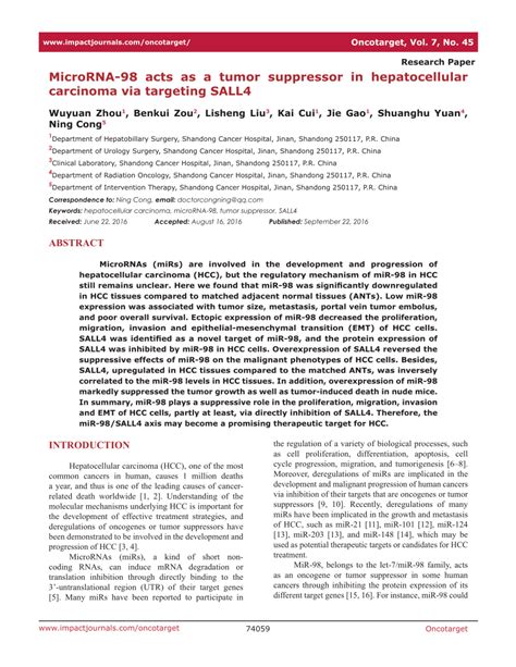 Pdf Microrna 98 Acts As A Tumor Suppressor In Hepatocellular
