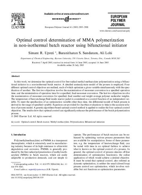 Pdf Optimal Control Of Mma Polymerization In Non Isothermal Reactors