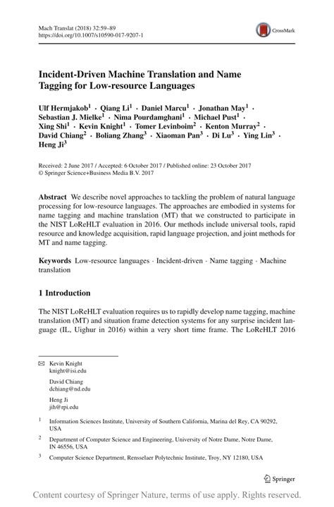 Incident Driven Machine Translation And Name Tagging For Low Resource Languages Request Pdf