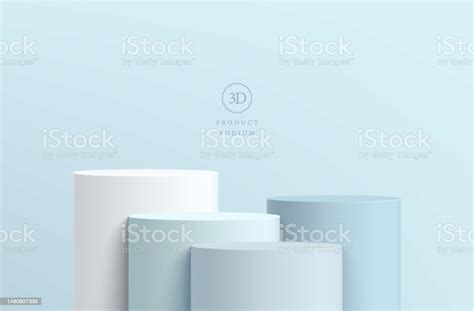 현실적인 흰색과 부드러운 파란색 실린더 받침대 연단이 있는 3d 배경 추상 최소 벽 장면입니다 파스텔 모형 제품 디스플레이