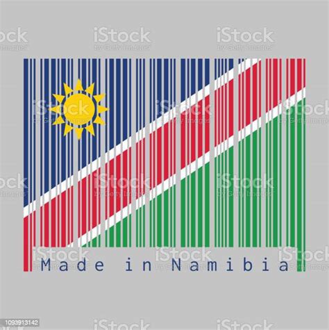 바코드는 나미비아 플래그 백색 가장자리가 붉은 대각선의 색을 설정합니다 위 삼각형 골드 태양 파란색 이며 낮은 삼각형은 녹색 개념에 대한 스톡 벡터 아트 및 기타 이미지