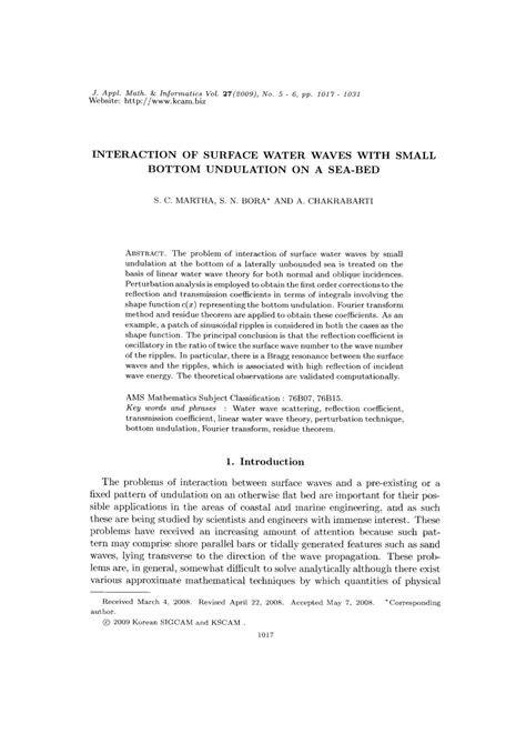 PDF INTERACTION OF SURFACE WATER WAVES WITH SMALL BOTTOM UNDULATION ON A SEA BED