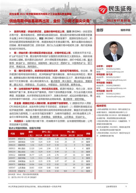 有色金属行业2022年中期策略系列报告之工业金属and贵金属篇：供给周期中场蓄能再出发，金价“小荷才露尖尖角”