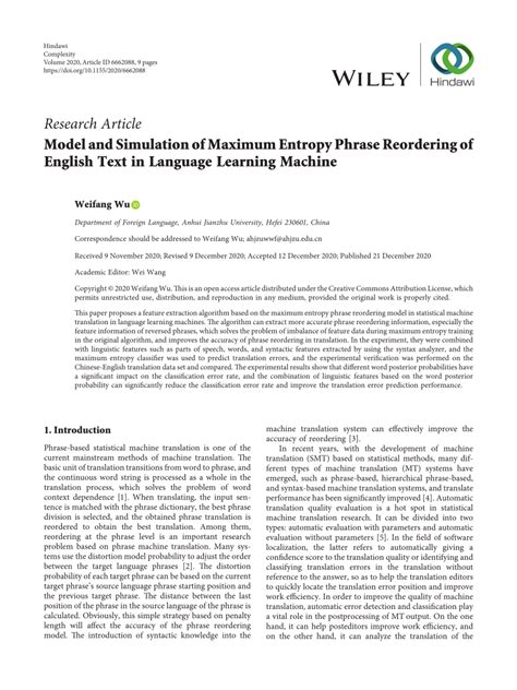 Pdf Model And Simulation Of Maximum Entropy Phrase Reordering Of English Text In Language