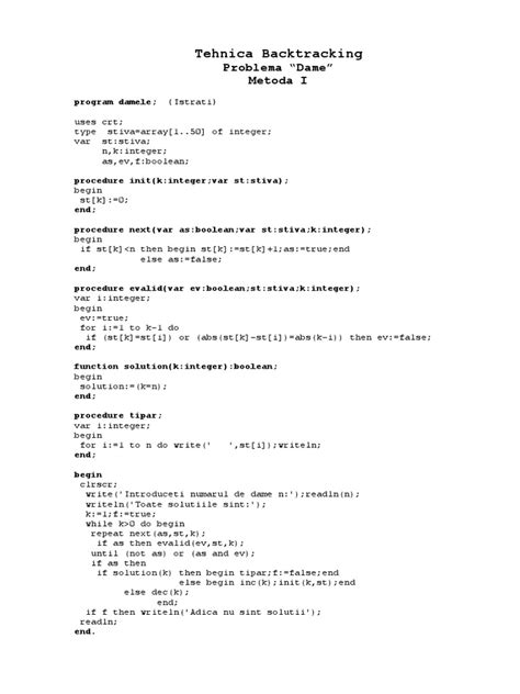 Tehnica Backtracking Problema Dame Metoda I Pdf String Computer