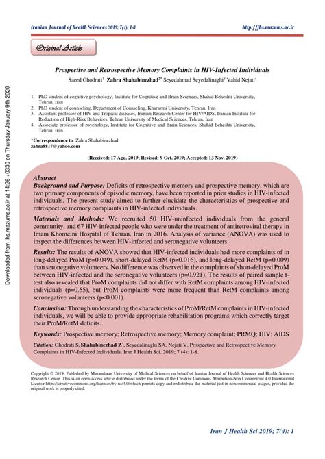 Pdf Prospective And Retrospective Memory Complaints In Hiv Infected Individuals