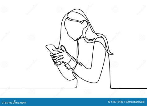Continuous One Line Drawing Of Girl Playing And Using Mobile Phone Or Smartphone Stock Vector