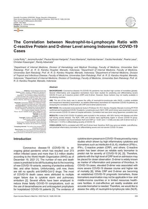 Pdf The Correlation Between Neutrophil To Lymphocyte Ratio With C Reactive Protein And D Dimer