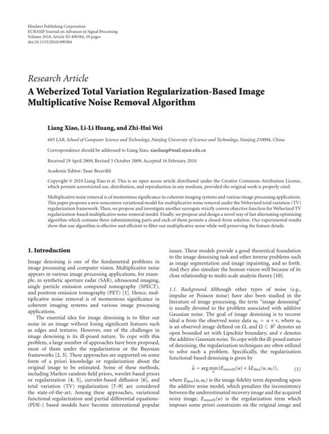 Pdf A Weberized Total Variation Regularization Based Image Multiplicative Noise Removal Algorithm