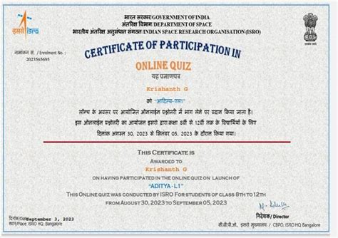 Krishanth G On Linkedin My Auditya L1 Isro Certificate