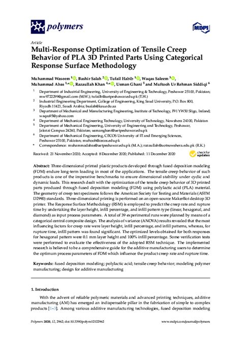 pdf multi response optimization of tensile creep behavior of pla 3d