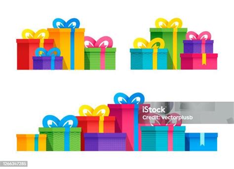 리본과 리본으로 다양한 그룹 선물 상자를 설정합니다 벡터 플랫 일러스트레이션 화려한 포장 개체 그룹에 대한 스톡 벡터 아트 및 기타 이미지 Istock