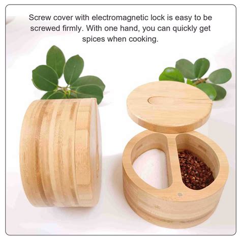 Badu Bg Бамбукова кутия за сол и черен пипер Разделена солница с въртящ се капак и лъжица