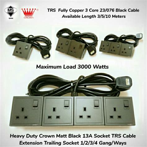 Heavy Duty Crown Matt Black Socket TRS Cable Gang Extension Trailing Power Socket