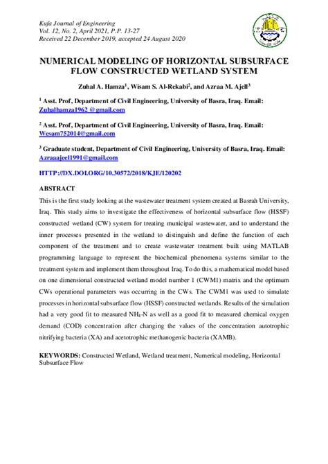 Pdf Numerical Modeling Of Horizontal Subsurface Flow Constructed Wetland System Wisam Sabeeh