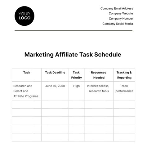 Free Marketing Affiliate Task Schedule Template To Edit Online