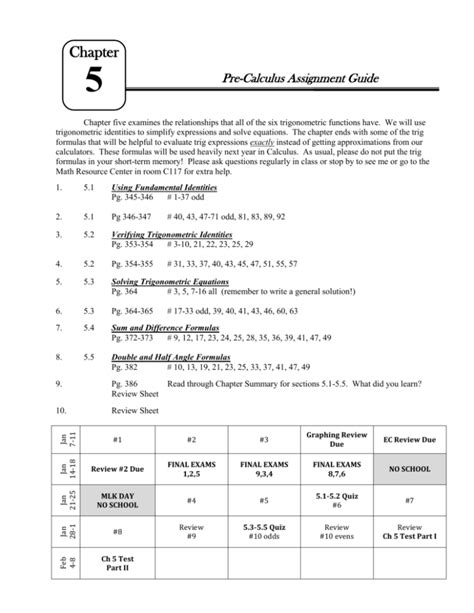 Pre Calculus Chapter Assignment Guide Trig Identities Equations