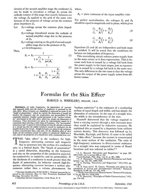 Formulas For The Skin Effect Pdf Inductance Electrical Resistance