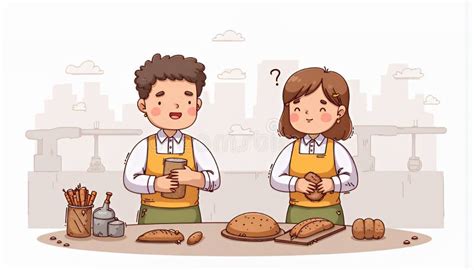 Cute Chibi Bakery Workers In A City Setting Stock Illustration