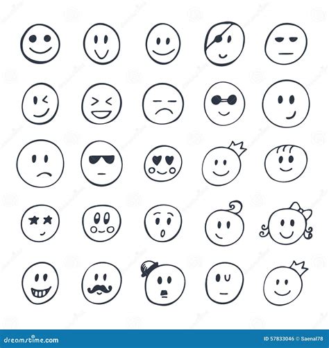 Set Of Hand Drawn Smiley Funny Faces With Different Expressions Stock