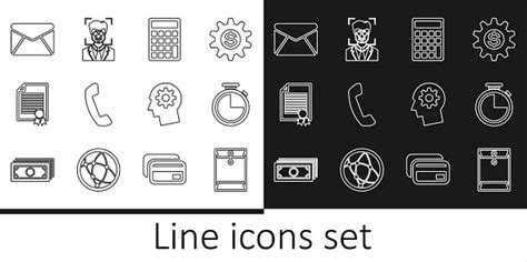 회선 봉투 스톱워치 계산기 전화 핸드셋 인증서 템플릿 내부에 기어가 있는 사람의 머리 및 얼굴 인식 아이콘을 설정합니다 벡터