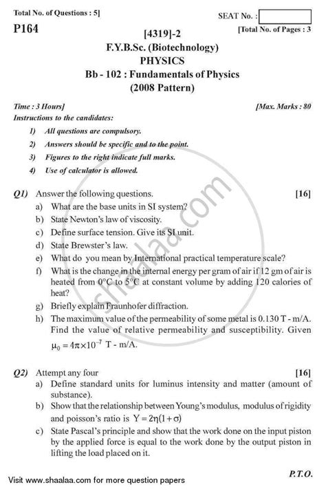 Fundamentals Of Physics 2013 2014 B Sc Biotechnology Semester 2 Fybsc Question Paper With Pdf
