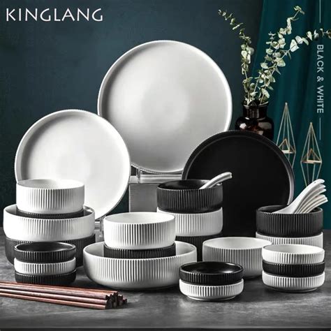 Kinglang 북유럽 디자인 디너 세트 흑백 컬러 세라믹 식기 세트 4 6 인용 접시 세트 디시 And 플레이트 Aliexpress