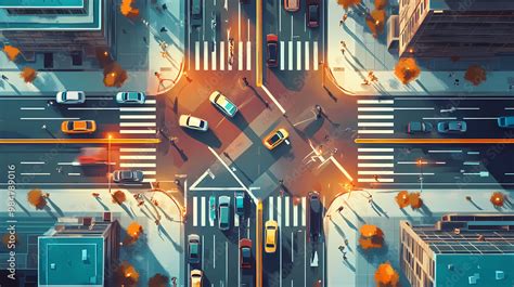 Create An Image Of Two Intersecting Roads At A Busy Urban Intersection With Traffic Lights