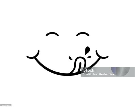 침이 있는 혀 맛있는 식사를위한 로고 배고프고 쾌락의 성격 흰색 배경에 검은 만화 이모티콘 맛있는 음식의 낙서 아바타 타액이 있는 입 벡터 입에 대한 스톡 벡터 아트 및