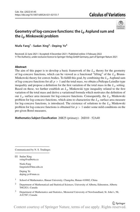 Geometry Of Log Concave Functions The Lp Asplund Sum And The Lp Minkowski Problem Request Pdf