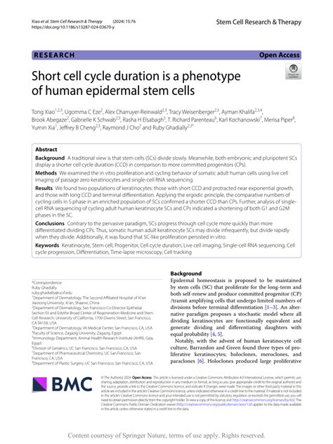 Pdf Short Cell Cycle Duration Is A Phenotype Of Human Epidermal Stem